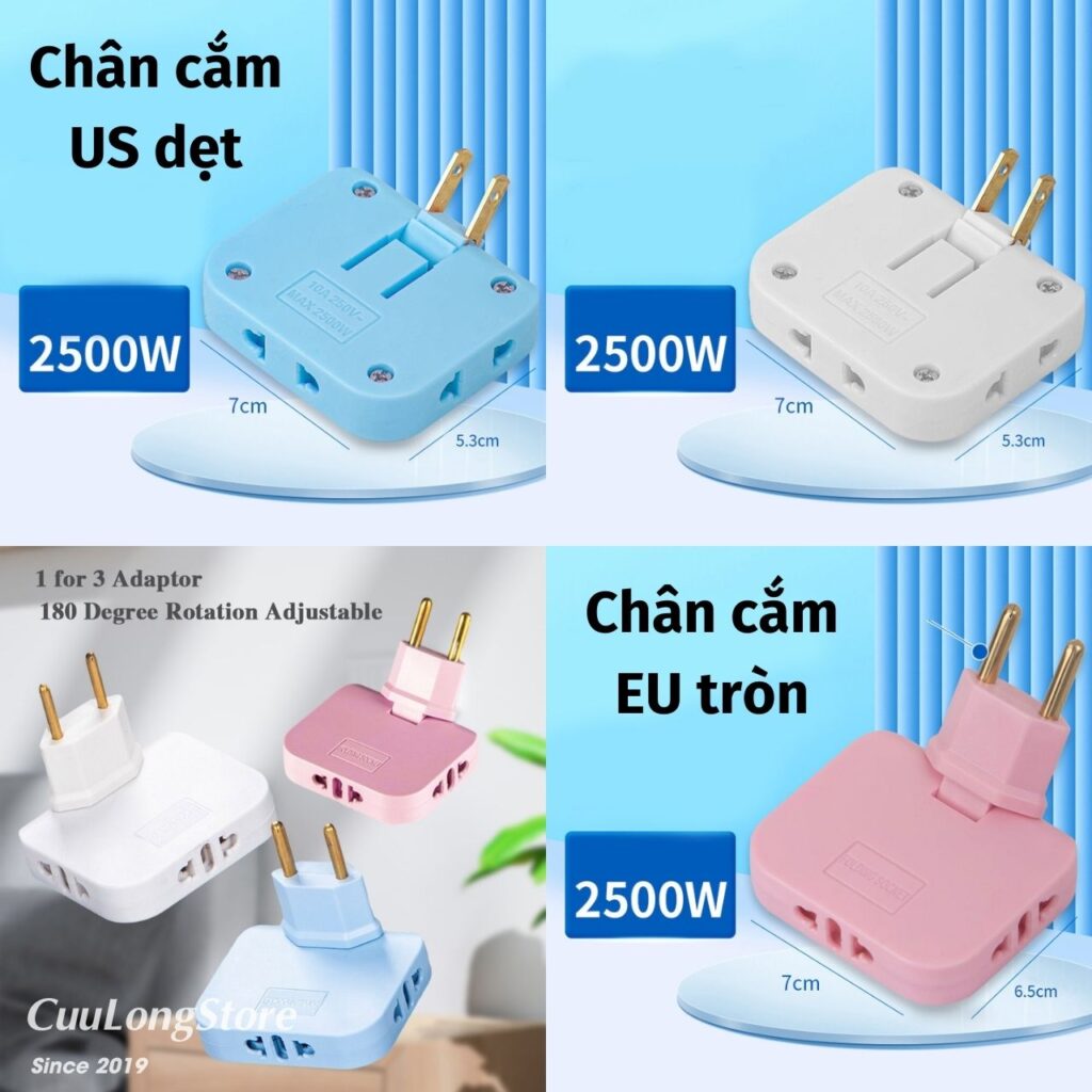 Ổ Cắm Chia 3 Phích Cắm Ổ Chia Điện Gập 180 độ 1 ra 3 dẹt tròn phích cắm ...