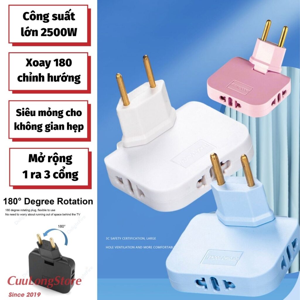 Ổ Cắm Chia 3 Phích Cắm Ổ Chia Điện Gập 180 độ 1 ra 3 dẹt tròn phích cắm ...